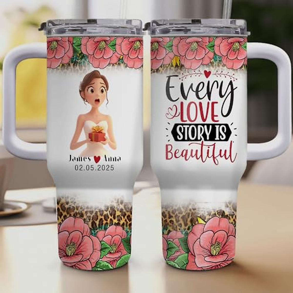 Personalized 40oz Tumbler with Handle – wedding kiss-Custom Couple Gift for Anniversary Wedding Gift, Birthday, Mother's Day, Valentine’s Day P64ppi