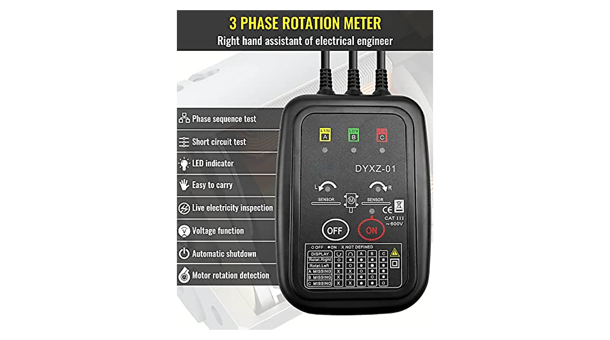 Phase Rotation Meter Non Contact 3 Phase Motor Rotation Tester Ac 70~600v High Magnetic