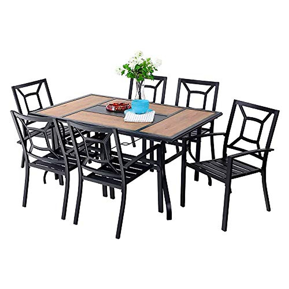 PHI VILLA 7 Piece Outdoor Dining Table Set, 61"x37" Rectangular Dining Table with Wood Top & 1.56” Umbrella Hole and 6 Metal Chairs for Patio, Deck