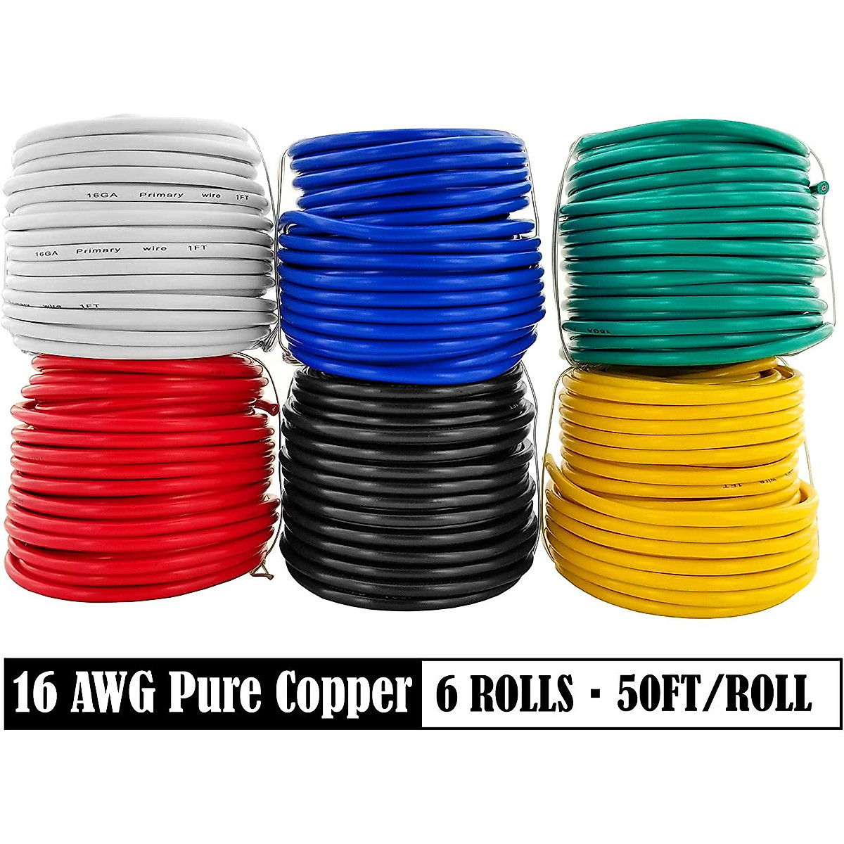 GS Power 16 AWG (American Wire Gauge) OFC Pure Copper Automotive Primary Wire 6 Roll Color Combo (50 Feet Roll, 300 FT Total) for 12V Car Audio Video Trailer Harness Wiring (Also in 14 & 18 GA Combo)