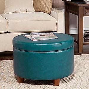 HomePop Round Leatherette Storage Ottoman with Lid, Teal