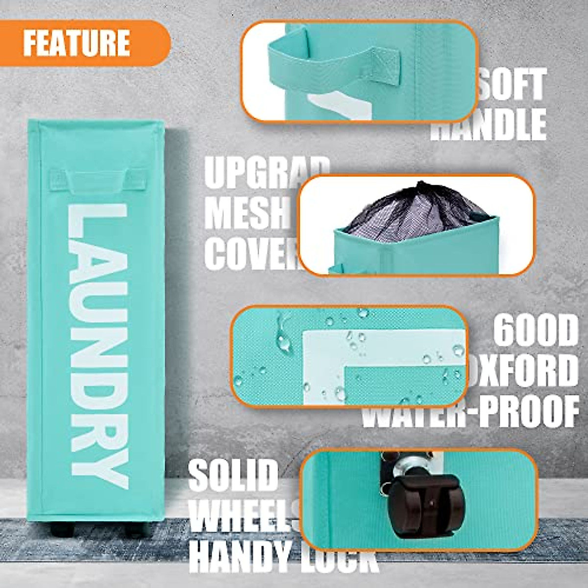 Caroeas 22" Rolling Slim Laundry Basket with Stand Foldable Waterproof Hamper and Organizer on Wheels Tall Thin Dirty Laundry Hamper Baskets Home Corner Bag Light Blue