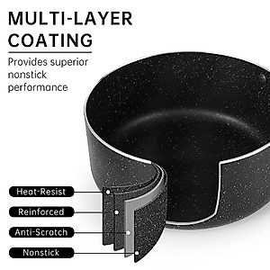 HooJay Nonstick Saucepan Set with Lid, Non Stick 1Qt & 2Qt Sauce Pan Set with Glass Lid Small Pot for Home Kitchen,Black