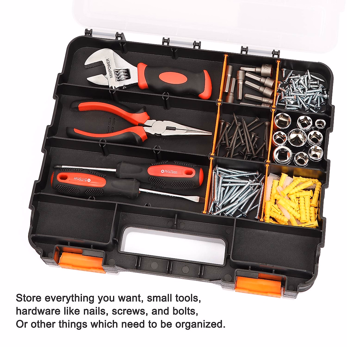 Mayouko Double Side Tools Organizer, Customizable Removable Plastic Dividers, Hardware Box Storage, Excellent for Screws,Nuts,Small Parts, 34-Compartment, Black/Orange,12.6"L x 10.6"W x 3.2"H