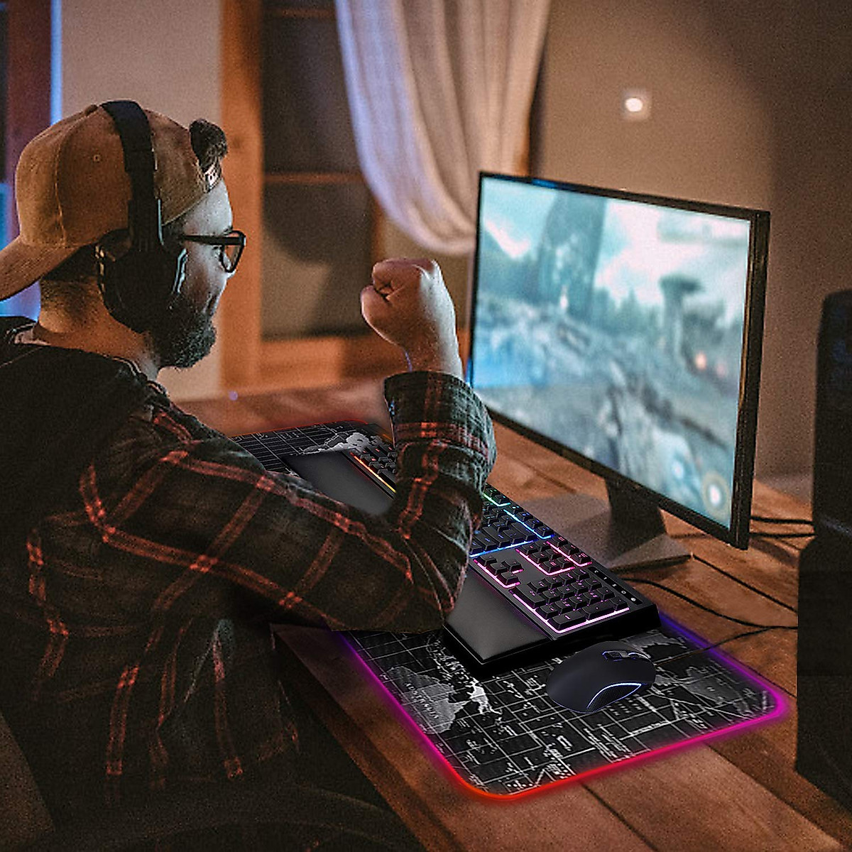 JYZZ RGB Gaming Mouse Pad - Large Led Keyboard Pad, Mouse Mat with HD Map, Smoothly Waterproof Surface, Non-Slip Rubber Base, 31.5"" X 11.8"" & 14 Light Modes