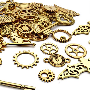 52pcs Antique Gold Steampunk Charms Watch Gear Cog Wheel Skeleton Key Charms Pendants for DIY Jewelry Making Crafting