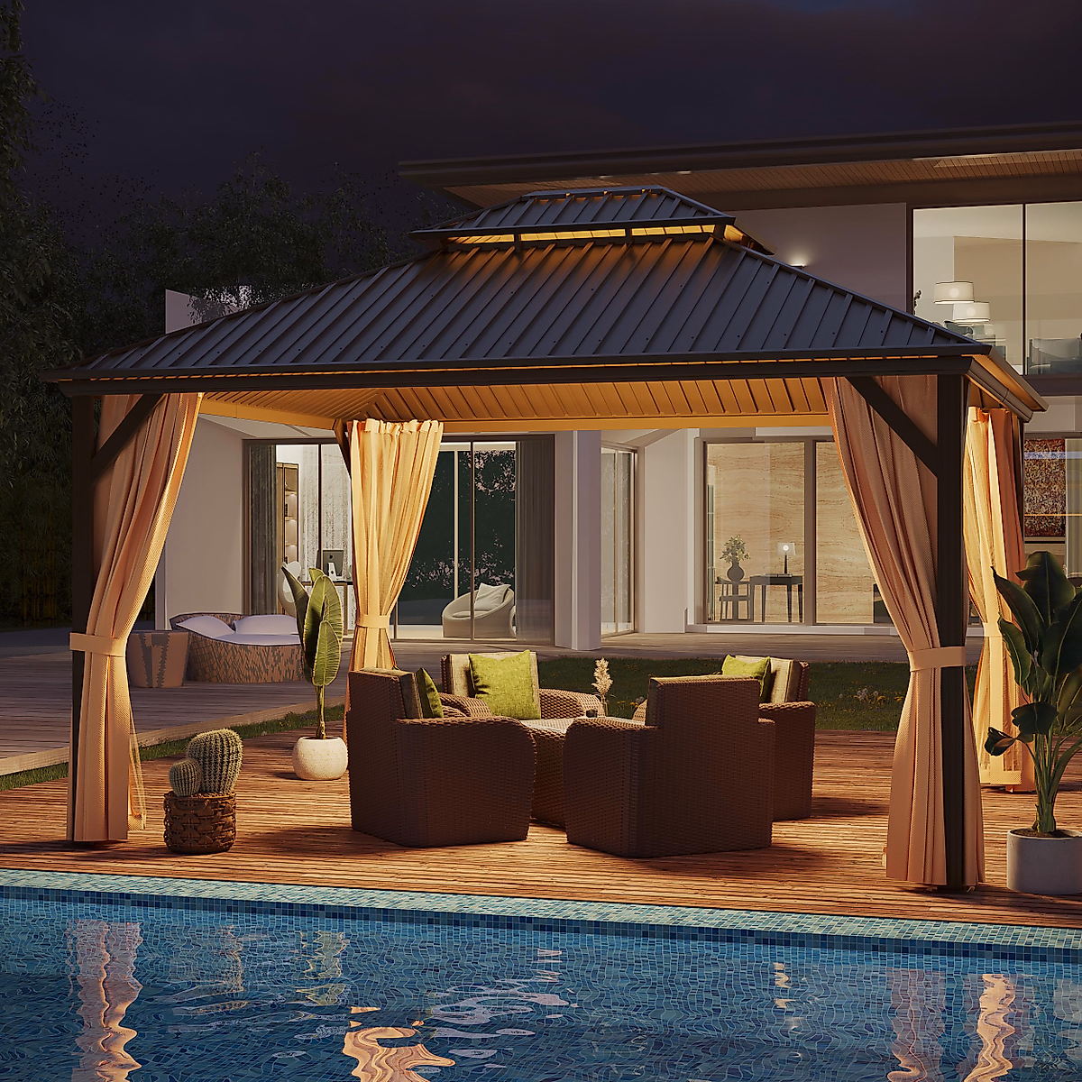 LATTOY 12'x14' Permanent Hardtop Gazebo, Outdoor Galvanized Steel Double Roof Pavilion Pergola Canopy with Aluminum Frame and Privacy Curtains for Garden Patio,Patio Backyard,Deck and Lawns