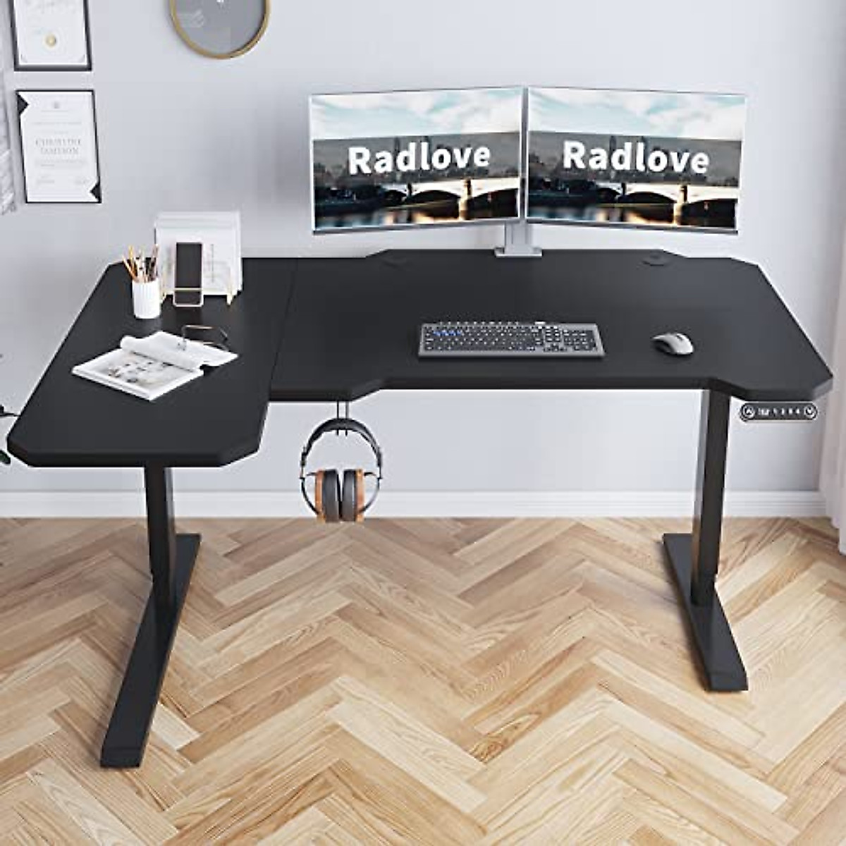 Radlove 59-Inch Large Electric Height Adjustable Computer L-Shaped Desk with Memory Controller Corner Standing Desk Modern Workstation with Splice Board Game Ergonomic Desk (Black Frame + Black Top)