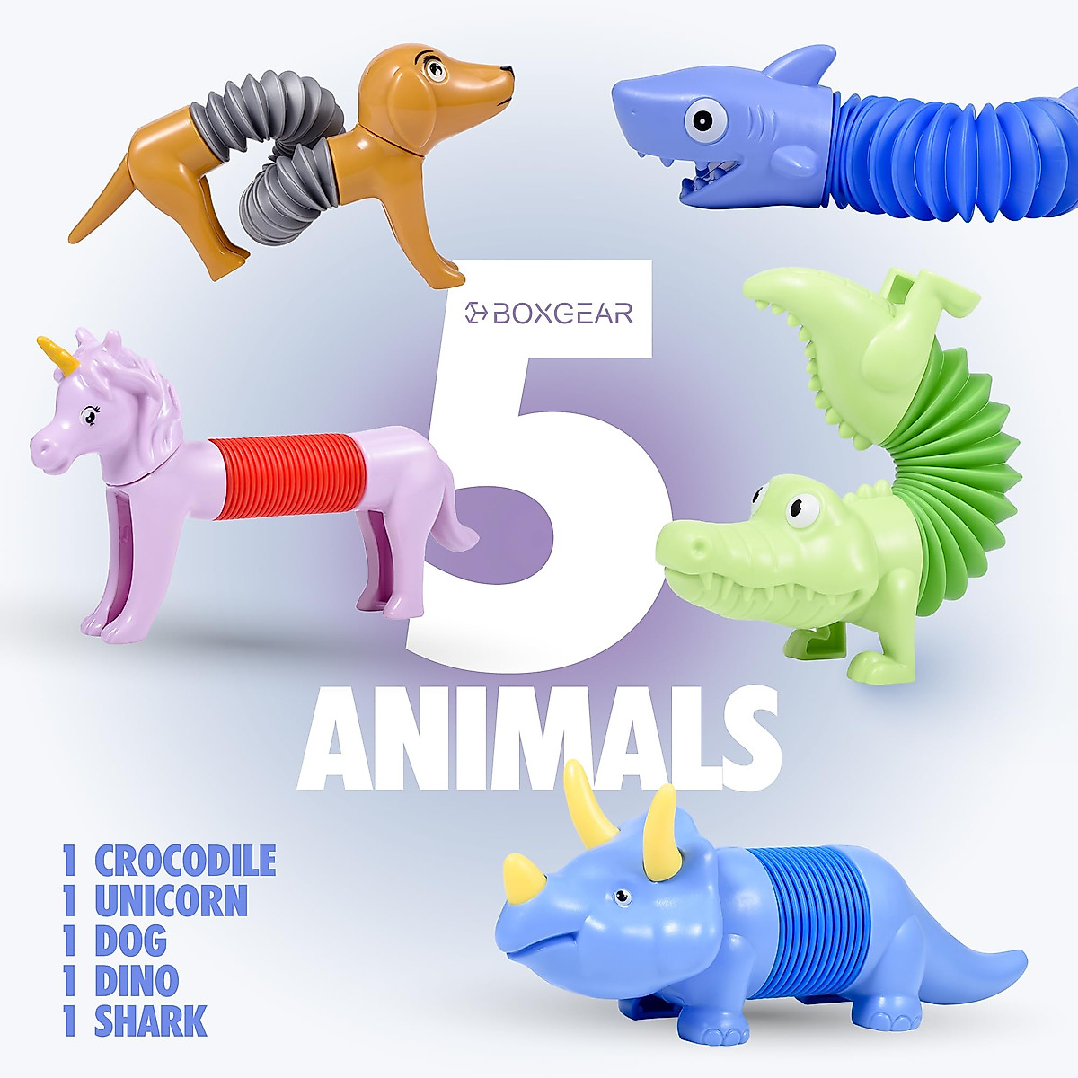 Boxgear 5-Pack Pop Tubes Mixed Animal Fidget Toys – Sensory Tubes for Toddlers – Cute Animal Sensory Fidget Toys for Girls and Boys – Stress-Relief Pop Sound Spring Toddler Sensory Toys