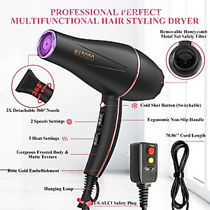 WADODO Ionic Hair Dryer, 2200W Professional Blow Dryer Fast Drying Travel AC Motor Constant Temperature Low Noise Ion Dryers Curly Care Hairdryer Blowdryer for Women Men