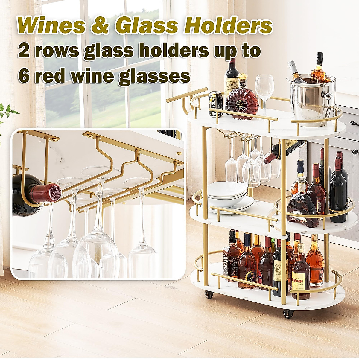 J-yaamiZz Gold Bar Carts with 4-Tier Storage Shelves, Mobile Bar Serving Cart with Wine Rack and Glass Holder for Kitchen, Living Room, Dining Room