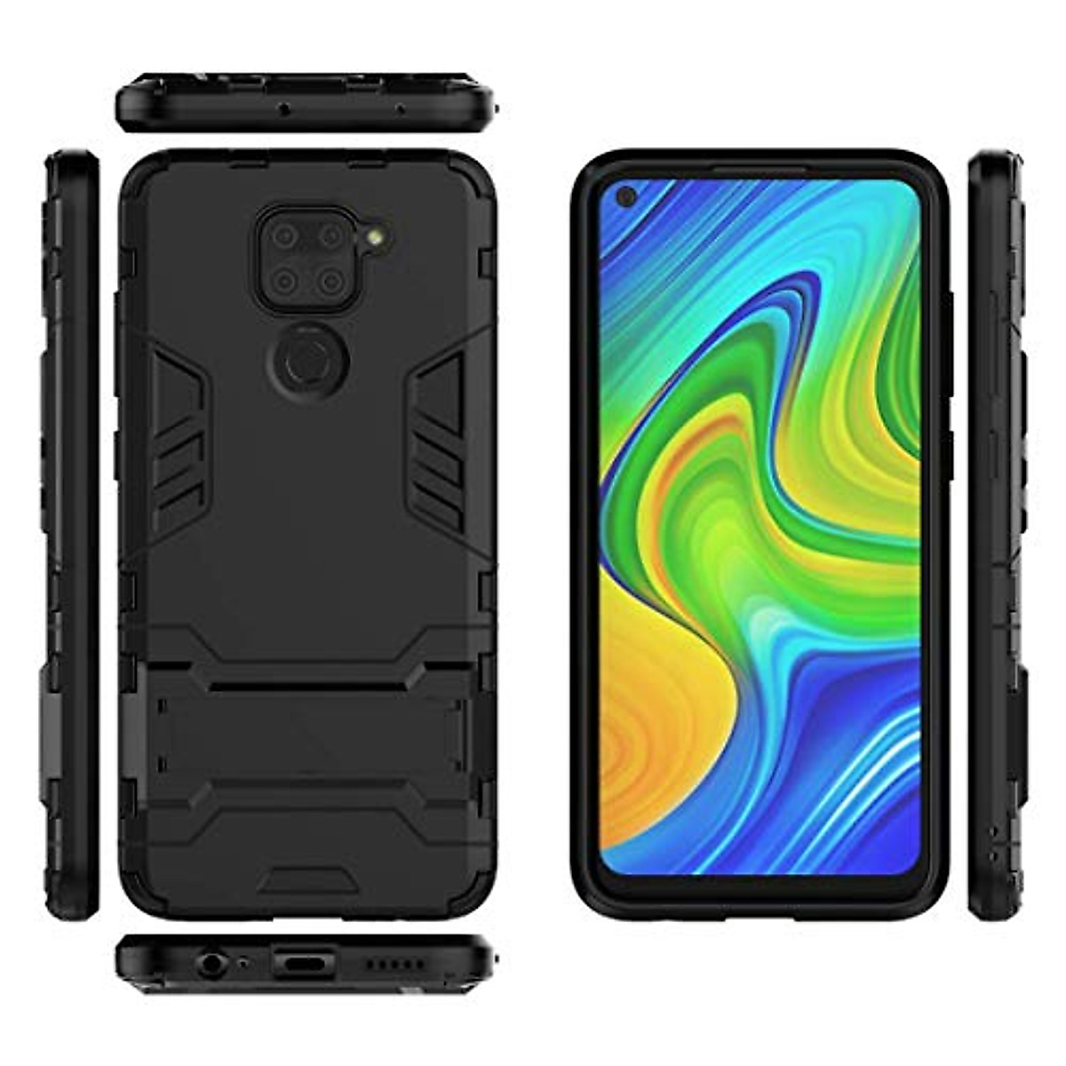 Smfu Cover for XiaoMi Redmi Note 9 Heavy Duty Shockproof Case with Kickstand Feature Hybrid Dual Layer Armor Defender Protective Cover-with Screen Protector 2 Pack-for Redmi Note 9（Black）