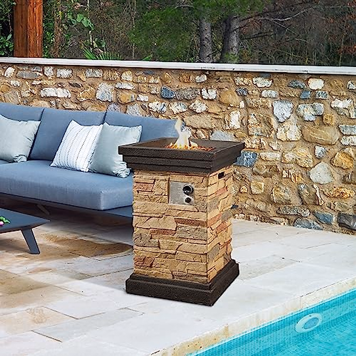 Teamson Home 40,000 BTU Square Slate Rock Look Steel Outdoor Fire Pit Pillar Outside Propane Gas Firepit with 6.6 Pounds Lava Rocks and PVC Cover for Patio Garden Backyard, 20 Inch, Brown