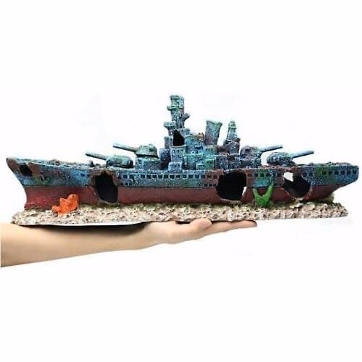 UMEWAVE 18.5 Inch Boat Sunk Battleship War Ship,Fish Tank Cave Ornaments, Wreck Boat Decor,Resin Material Aquarium Sunk Ship Eco-Friendly for Fish Favors
