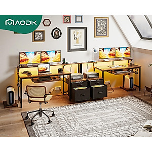 AODK 55" Computer Desk with Fabric File Cabinet and Drawer, Reversible Office Desk with Power Outlet and LED Light, Study Desk with Printer Stand, Keyboard Tray, Monitor Riser and PC Stand, Vintage