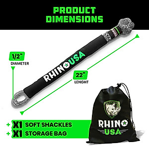 Rhino USA Synthetic Soft Shackle Rope - 44,050lb Guaranteed Max Break Strength Recovery Offroad Tow Shackles for UTV, ATV, Trucks, 4x4 - Use with Rhino Tow Strap (1/2" 1-Pack Gray)
