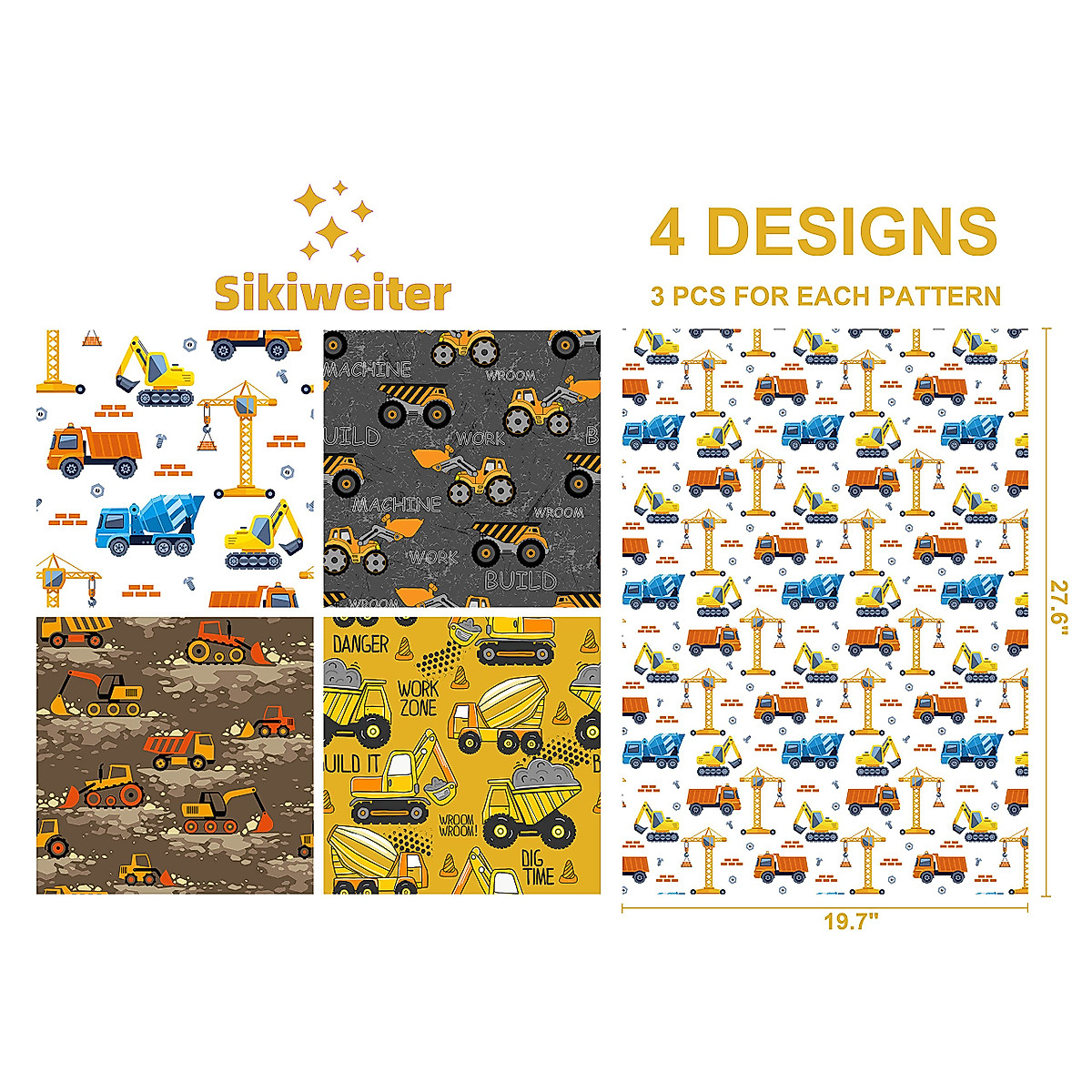 Sikiweiter Construction Wrapping Paper - 12 Sheets Construction Wrapping Paper Birthday with Trucks - 19.7 x 27.6 Inches Per Sheet