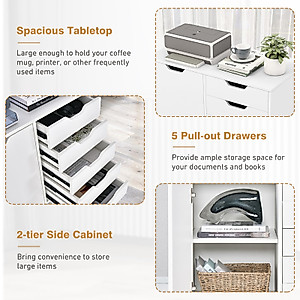 IFANNY Modern File Cabinet, White Lateral Filing Cabinet 5 Drawer with Universal Wheels, Wood Printer Stand with Storage, Rolling File Cabinets for Home Office, Living Dining Room, Bedroom, Kitchen