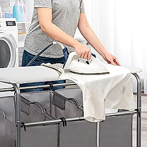 STO STO Laundry Sorter 3 Section with Ironing Board, 3 Bag Laundry Hamper with Folding Table, Laundry Basket with Heavy Duty Lockable Wheels and Removable Bag for Clothes Storage, Gray