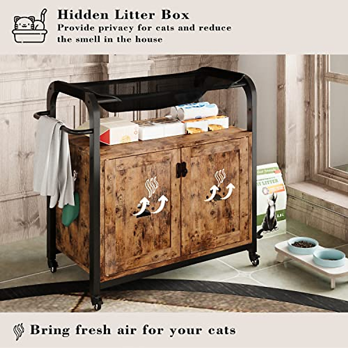 IRONCK Litter Box Enclosure with Cat Bed, 33" Large Cat Litter Box Furniture Hidden with Storage and Wheels, Easy Assembly, Cat House, Fit Most of Litter Box, Vintage Brown