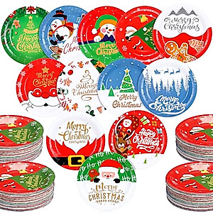 Sliner 120 Pcs 9 Inch Christmas Paper Plates Round Christmas Dinner Plates Cute Snowman Santa Themed Disposable Plates Dinnerware Plates for Xmas Winter Season Holiday Party Baking Cookie Dishware