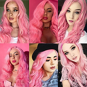 YBYMCAI Pink Wig - Long Pink Wavy Wigs for Women Middle Part Pastel Pink Wig 26 inch Natural Curly Synthetic Wig Heat Resistant Fiber Wigs for Daily Party Use