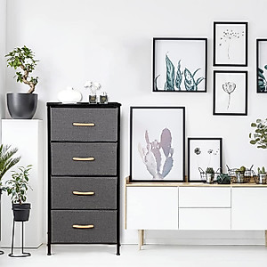Oteymart Storage Drawers with 4 Drawers, Fabric Tower Organizer Unit for Bedroom,Living Room, Nurseries,Closet, Clothes, Steel Frame,Wood Top, Easy Pull Wood Handles Bins, Dark Gray