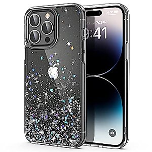 ULAK Designed for iPhone 14 Pro Case Clear Glitter, Bling Sparkly Soft TPU Bumper Hard Cover for Women Girls Transparent Protective Phone Case Compatible with iPhone 14 Pro 6.1'' 2022, Silver Star