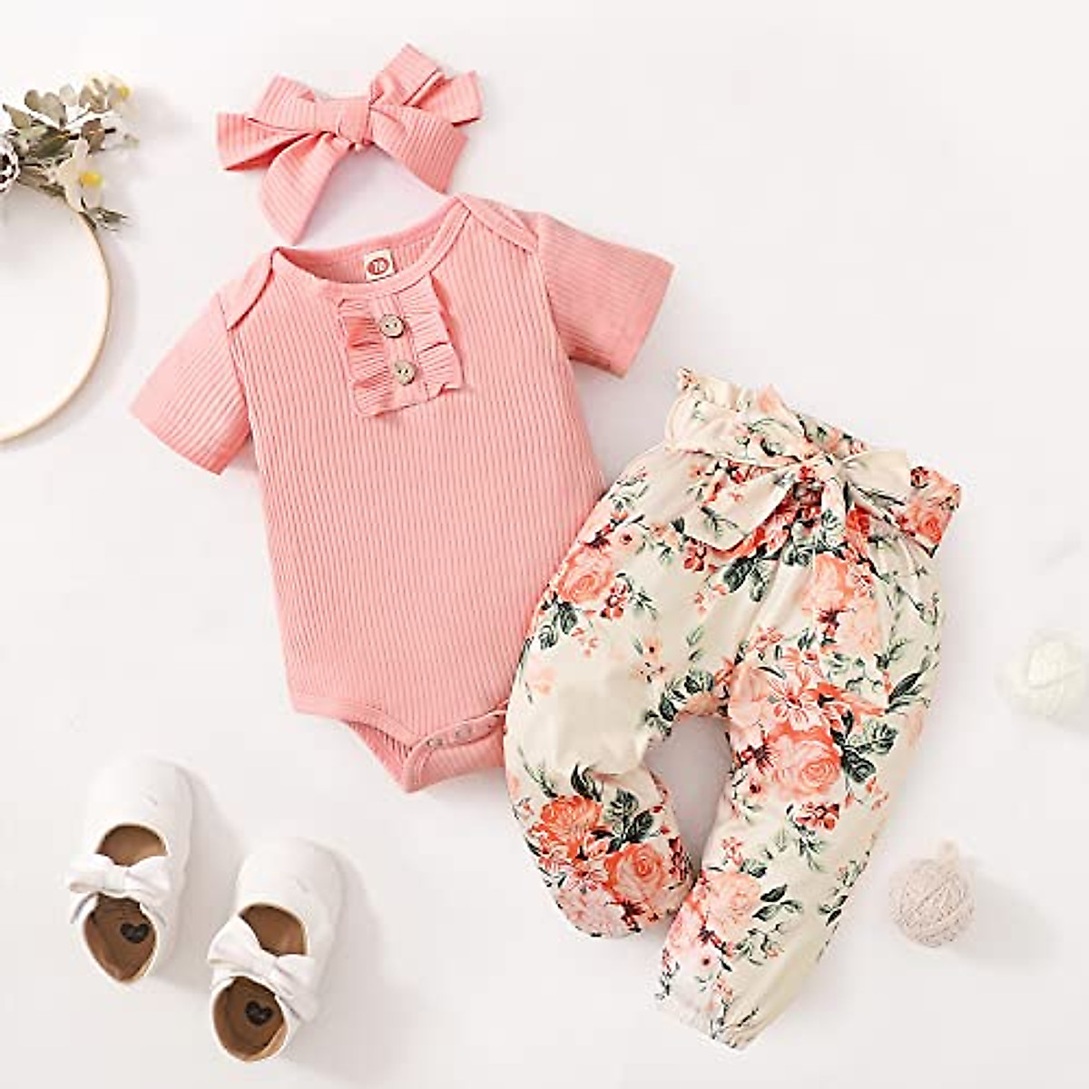 Mioglrie Newborn Baby Girl Clothes 3-6 Months Infant Girls Pink Romper Pants Headband 3PC Clothes Outfits Set