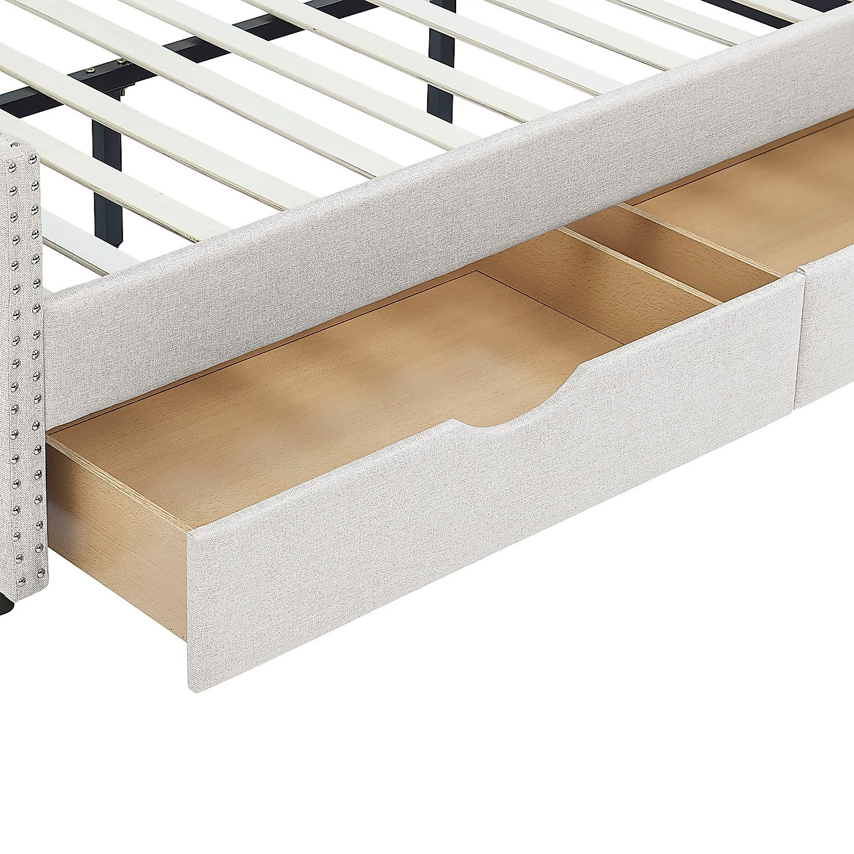 OMGO Upholstered Full Size Daybed with Two Storage Trundle Drawers, Solid Wooden Sofa Bed Frame w/Button Tufted Backrest, No Box Spring Needed, for Kids, Bedroom, Dorm