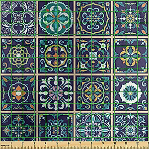 Lunarable Mosaic Fabric by The Yard, Portuguese Azulejo Moroccan Culture Ceramic Tiles European Oriental, Decorative Satin Fabric for Home Textiles and Crafts, 1 Yards, Yellow Purple