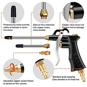 Industrial Air Blow Gun with Brass Adjustable Air Nozzle, Pneumatic Air Blower Gun with 2 pcs Steel Air Flow Extensions and Universal Blow Hose, Air Compressor Accessory Tool Dedusting Air Gun