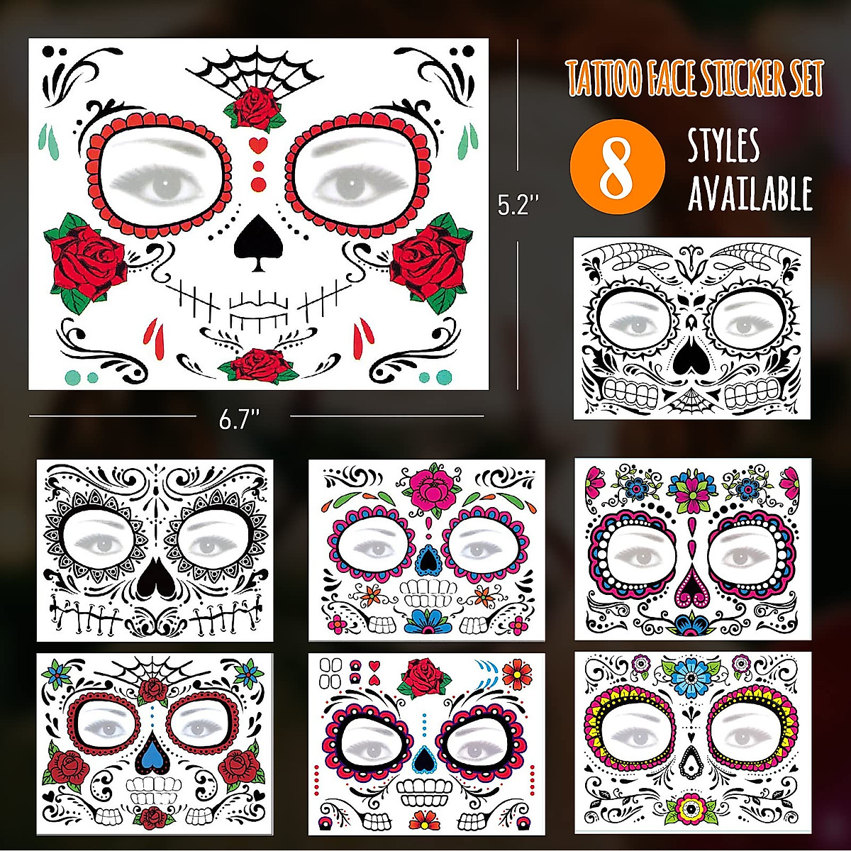 8 Pack Day of The Dead Sugar Skull Face Temporary Tattoo Halloween Makeup Tattoo Stickers for Halloween Masquerade Party
