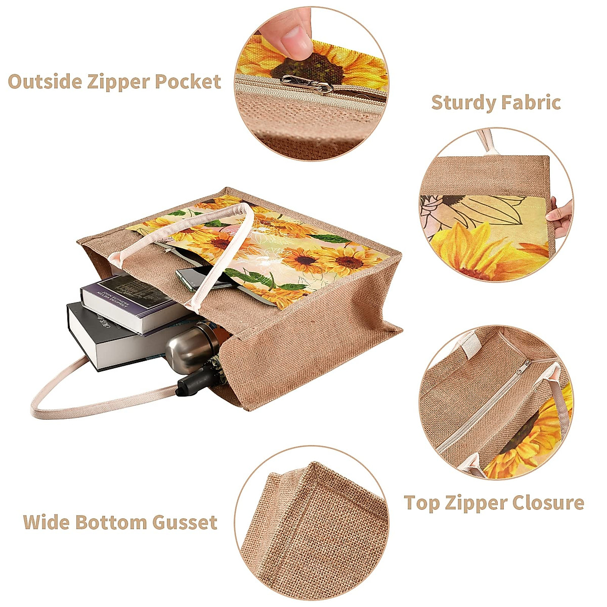 Aslsiy Jute Tote Bags,Yellow Sunflower Grocery Shopping Bags, Reusable Burlap Straw Beach Bag with Handles Zipper for DIY Art Crafts, Decoration, Printing 17"