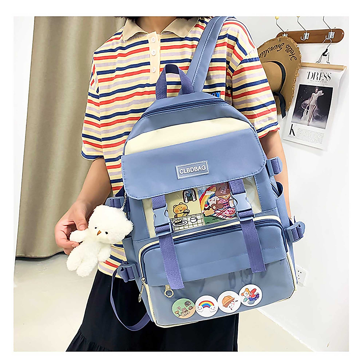 Cute Kawaii Backpack 4Pcs Canvas Backpack Give away bear pendant Pencil Pouch Shoulder Bag Lunch Bag for Girls Boys (Red)