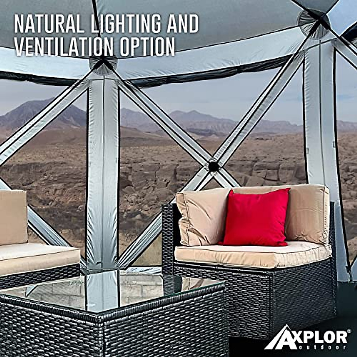 AxplorOutdoor RV Camping Gazebo Screen-Tent with Floor and Wind-Panels | 12ft x 12ft Portable Pop-Up Canopy Screen Room with Tarp Floor and Zippered-Side Panels | Pop-Up Screen Gazebo (Grey/Silver)