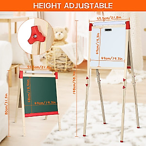 Kids Wooden Easel with Paper Roll, Fixget Upgrade Double-Sided Whiteboard & Chalkboard Standing Easel, Art Easel with Numbers Magnetic Accessories Art and Craft Set Painting Drawing Gifts for Toddler