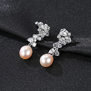 QuakerBird Freshwater Cultured Genuine Pearl Drop Earrings for Women Sterling Silver 9-10 mm Pearls Tennis Cluster CZ Dangle Stud Earrings Wedding (01, ivory)