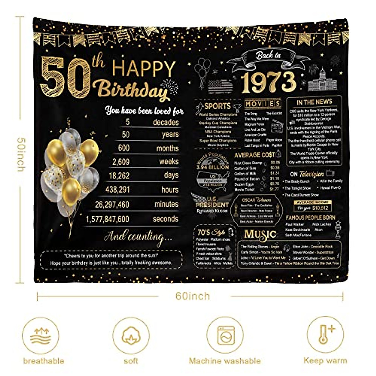 Kesidilo 50th Birthday Gifts for Women Men, 50th Birthday Gift Ideas for Mom Dad, 1973 Birthday Anniversary Decorations for Women, Turning 50 Years Old Throw Blanket 50" X 60"