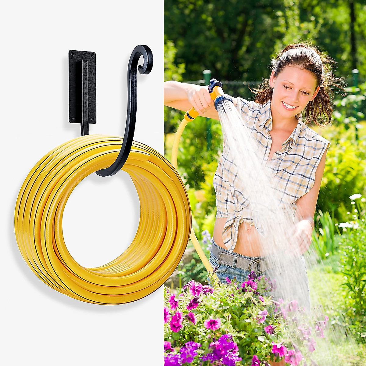 JUNSHUO Hose Holder Wall Mount （Metal/8-Inch） Heavy-Duty Garden Hose Hanger Outdoor, Hand-Forged Hose Rack Mount