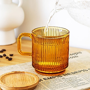 Lysenn Amber Glass Coffee Mug with Lid - Premium Classical Vertical Stripes Glass Tea Cup - for |Latte|Tea|Chocolate|Juice|Water| - Unleaded - Bamboo Lid - 12.5 Ounces