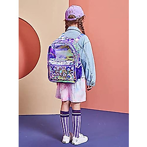 RuRu monkey Transparent Hologram Girls Clear Backpack - Ideal PVC Clear Backpack for Kids Ages 4-10 for Kindergarten, Preschool, and Lower Elementary Students, Purple