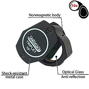 BelOMO Jewelers Loupe 10x Triplet Magnifier 21mm (.85"). Optical Glass with Anti-Reflection Coating for a Bright, Clear and Color Correct View. Foldable Loupe for Gems, Jewelry, Coins and Trichomes