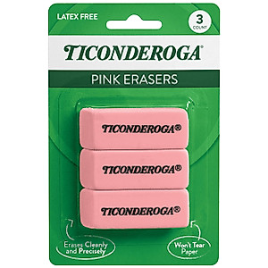 TICONDEROGA Pink Carnation Erasers, Wedge, Medium, Pink, 3 Count (Pack of 1) (X38943)