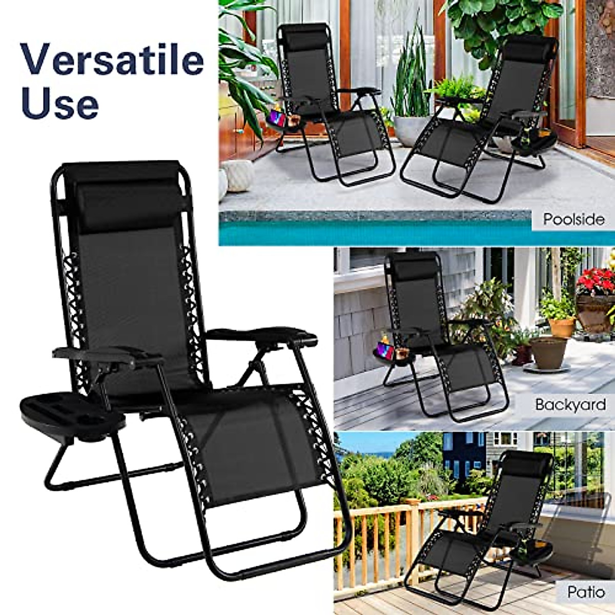 Goplus Zero Gravity Chair, Adjustable Folding Reclining Lounge Chair with Pillow and Cup Holder, Patio Lawn Recliner for Outdoor Pool Camp Yard (1, Black)