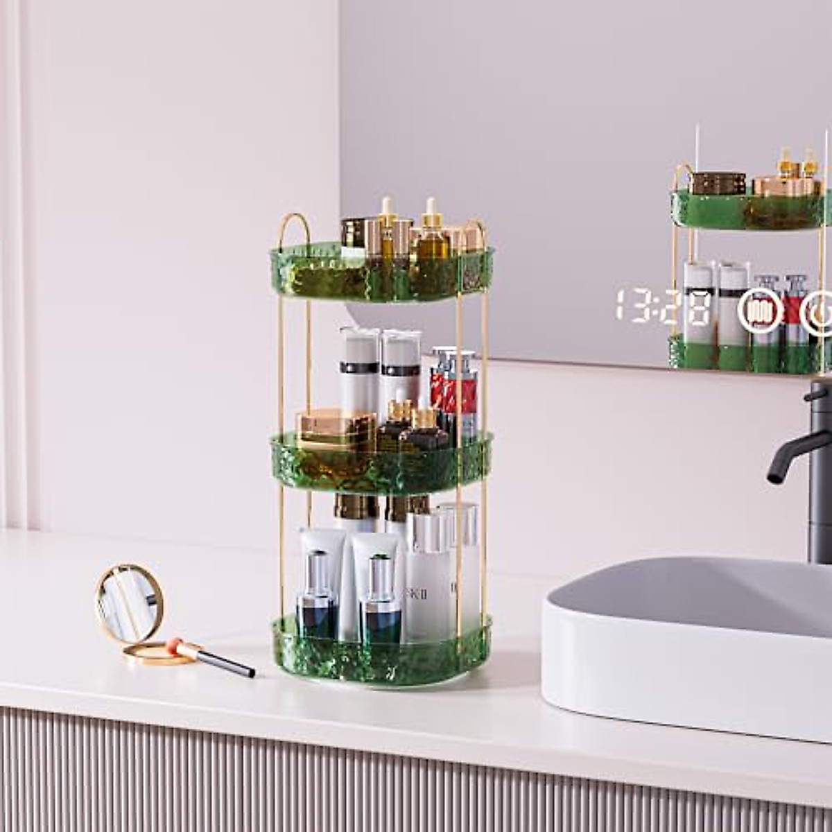 ZHIAI Rotating Makeup Organizer for Vanity, Perfume Organizer Large Bathroom Organizers and Storage, Skincare Organizers Lipstick Toiletry Spinning Holder Countertop 360 Spinning 3 Tier Green