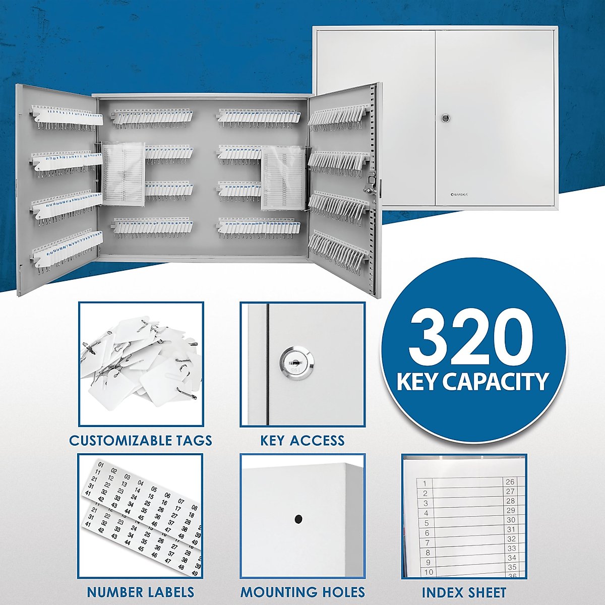 Barska Key Lock Key Cabinet Lock Box with Numbered Hooks and Tags - 320 POSITION - WHITE TAGS
