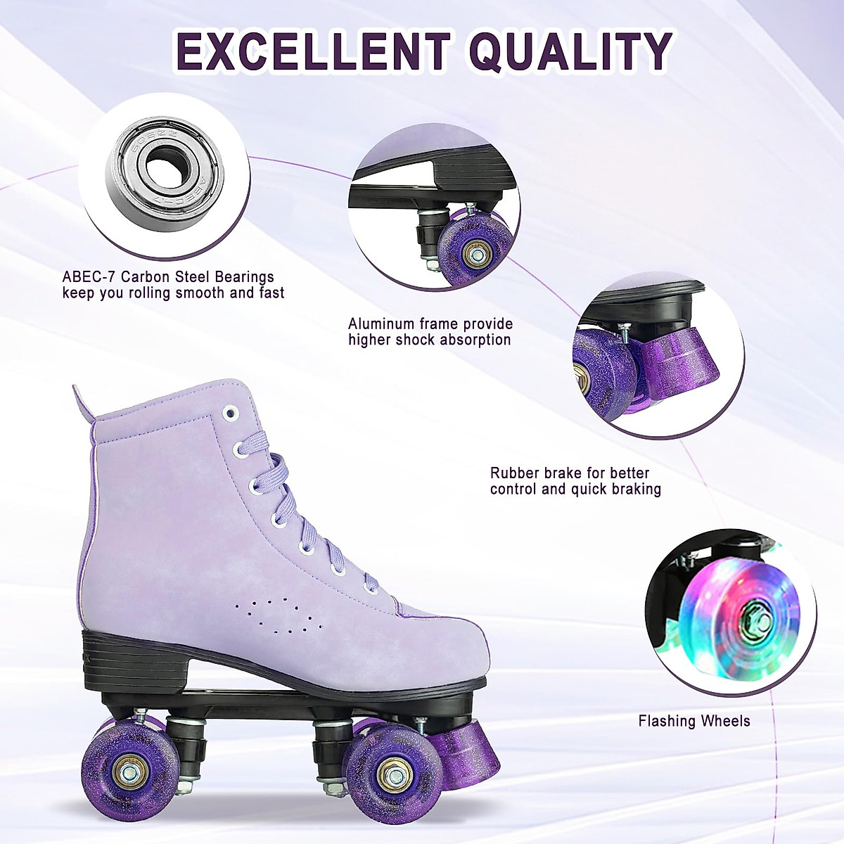 YYW Women Roller Skates High Top Shoes Men Double Row Shiny Roller Derby Skates Four Wheel Unisex PU Classic Skates for Beginner Outdoor (Light Purple Flashing Wheel,US37- Women's 7/Men's 5.5)