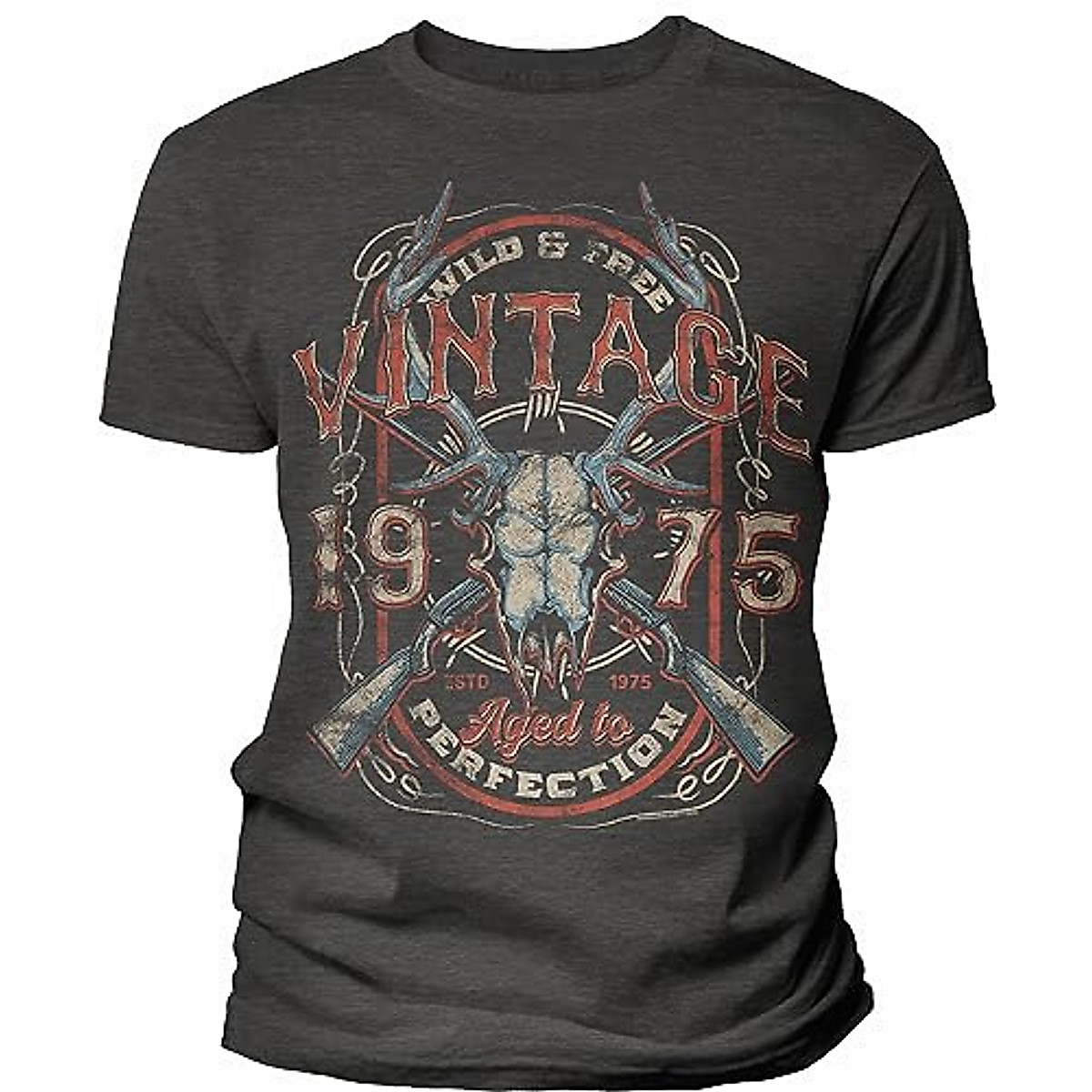 50th Birthday Gift Shirt for Men - Vintage Deer Skull 1975 Aged to Perfection - F/Dk. Heather-002-Lg