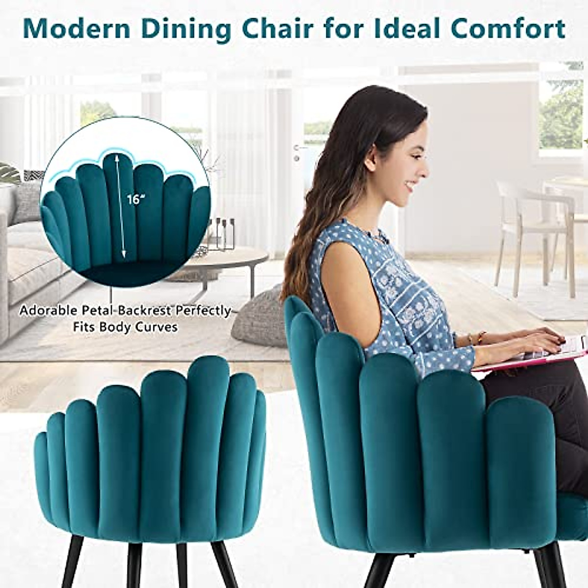 Giantex Modern Mid-Century Dining Chair - Cute Velvet Armchair with 16” High Back, 330lb Capacity, Accent Upholstered Arm Dining Chairs for Bedroom, Living Room, Small Space, Teal Blue
